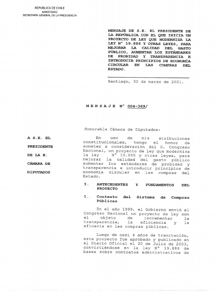 Mensaje Proyecto Ley Moderniza Compras Publicas | PDF | Pequeñas y medianas empresas | Bienes