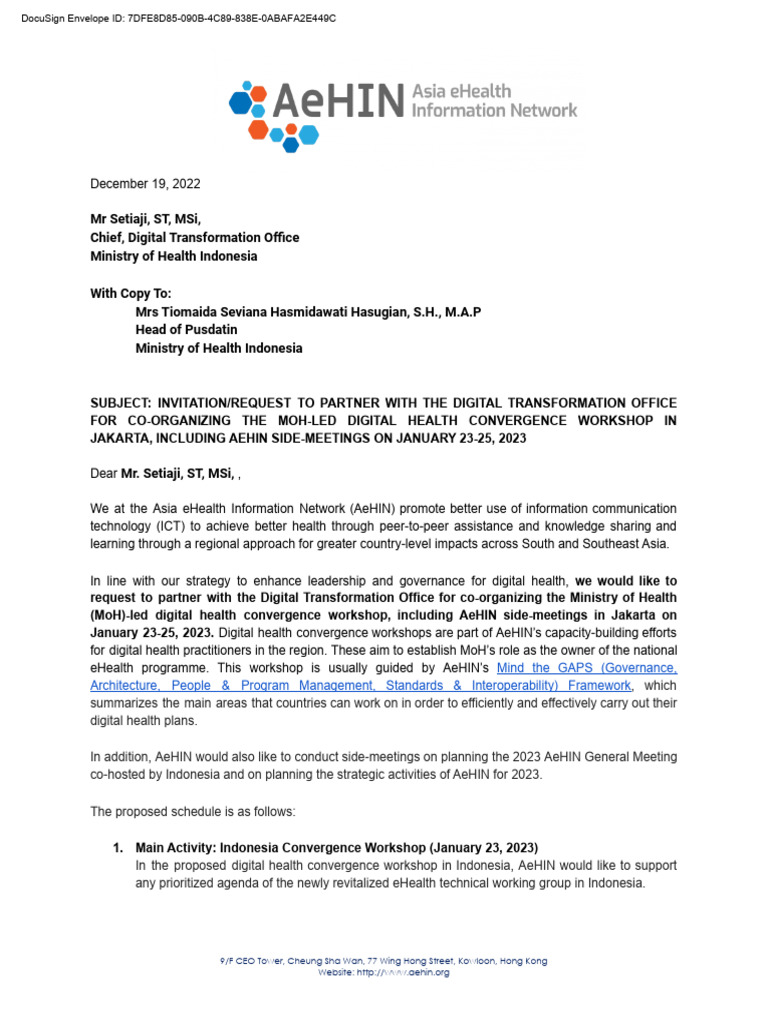Asia Ehealth Information Network (AeHIN) - Partnership Letter With DTO ...