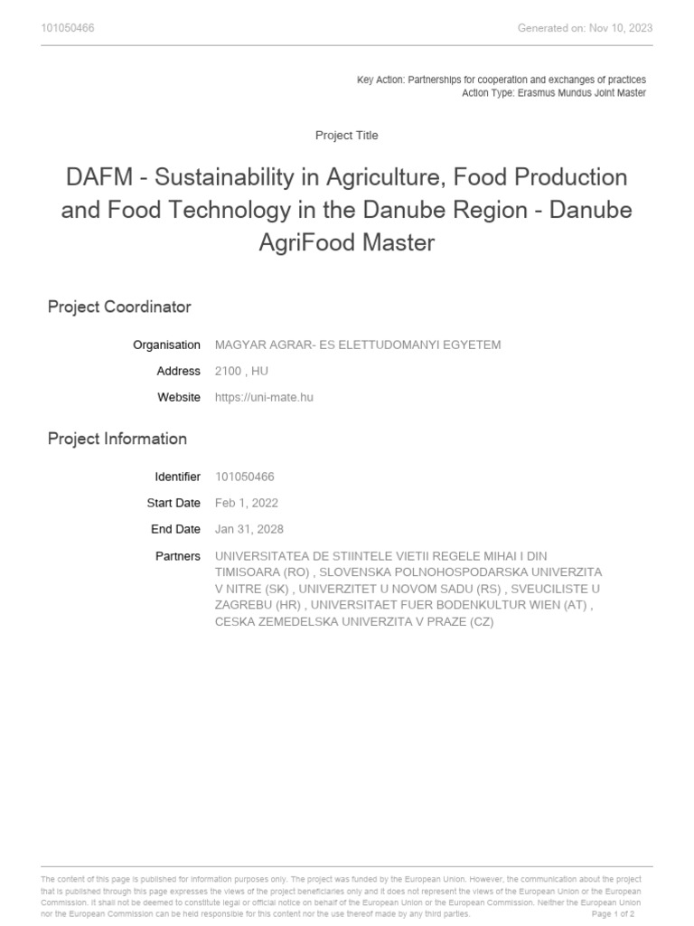 DAFM - Sustainability in Agriculture, Food Production and Food Technology in The Danube Region ...