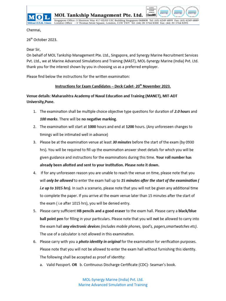 Deck Cadet Exam Instructions 2023 | PDF