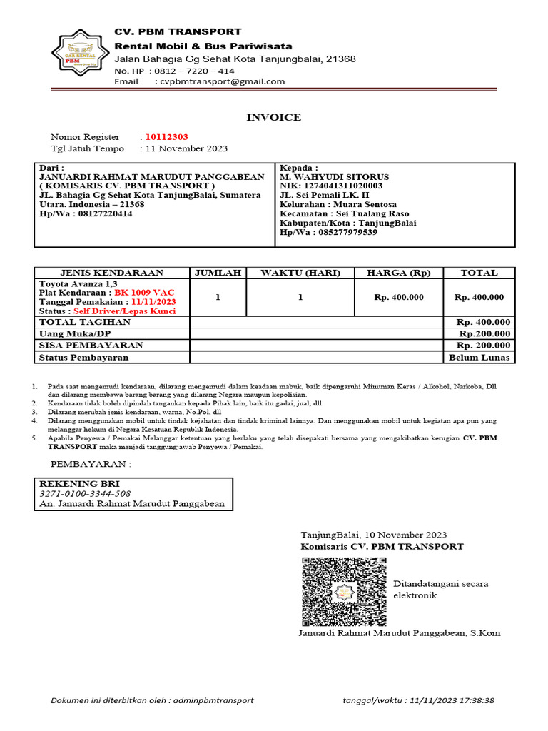 Invoice Rental Mobil | PDF