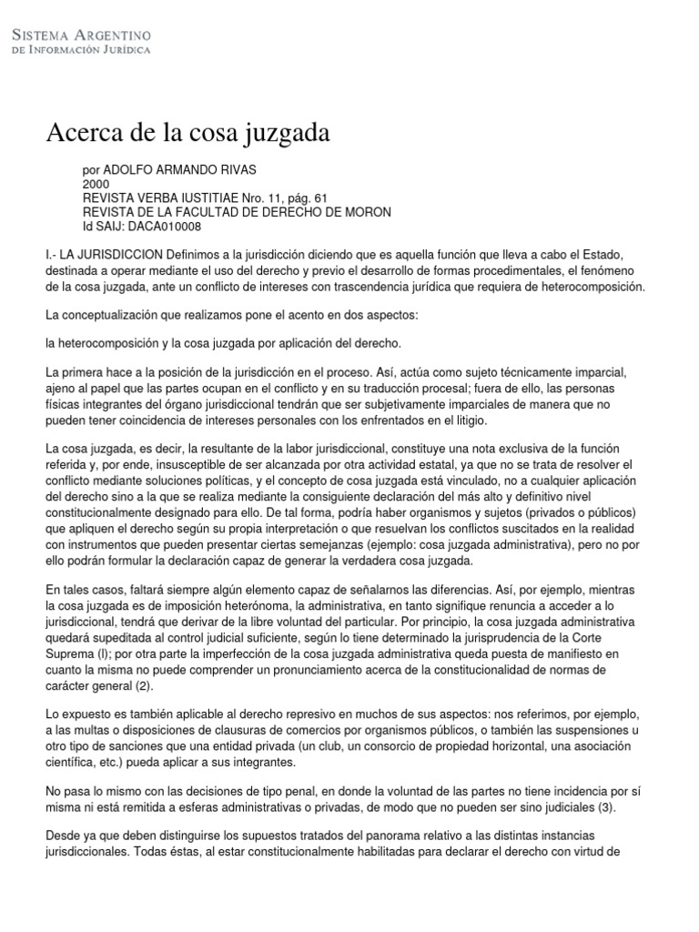 Acerca de La Cosa Juzgada. Adolfo Armando Rivas | PDF | Res Judicata | Sentencia (ley)