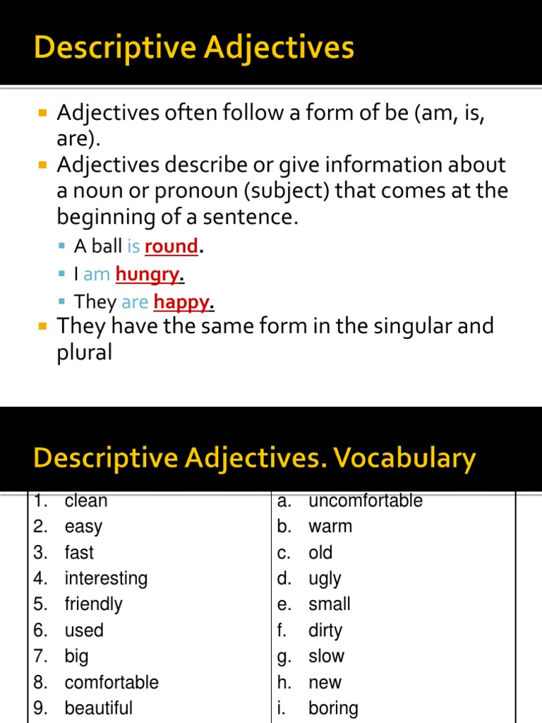Descriptive Adjectives | Adjective | Noun