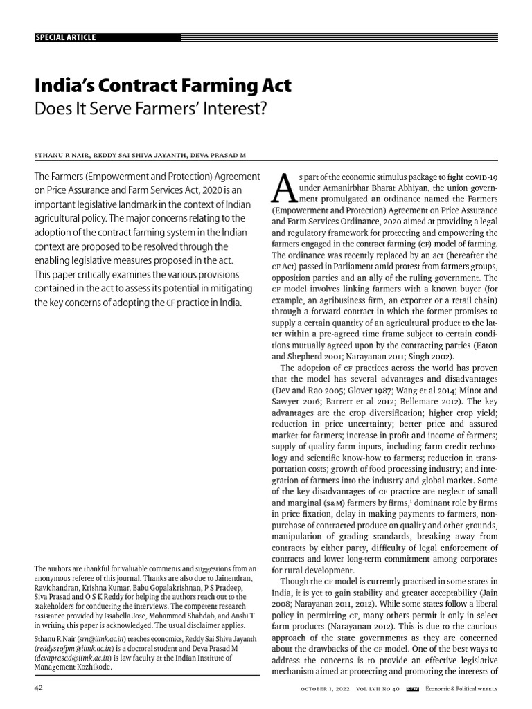Session 11 Compulsory Reading - India's Contract Farming Act | PDF ...