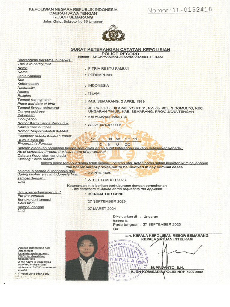 SKCK Fitria Restu Pamuji | PDF