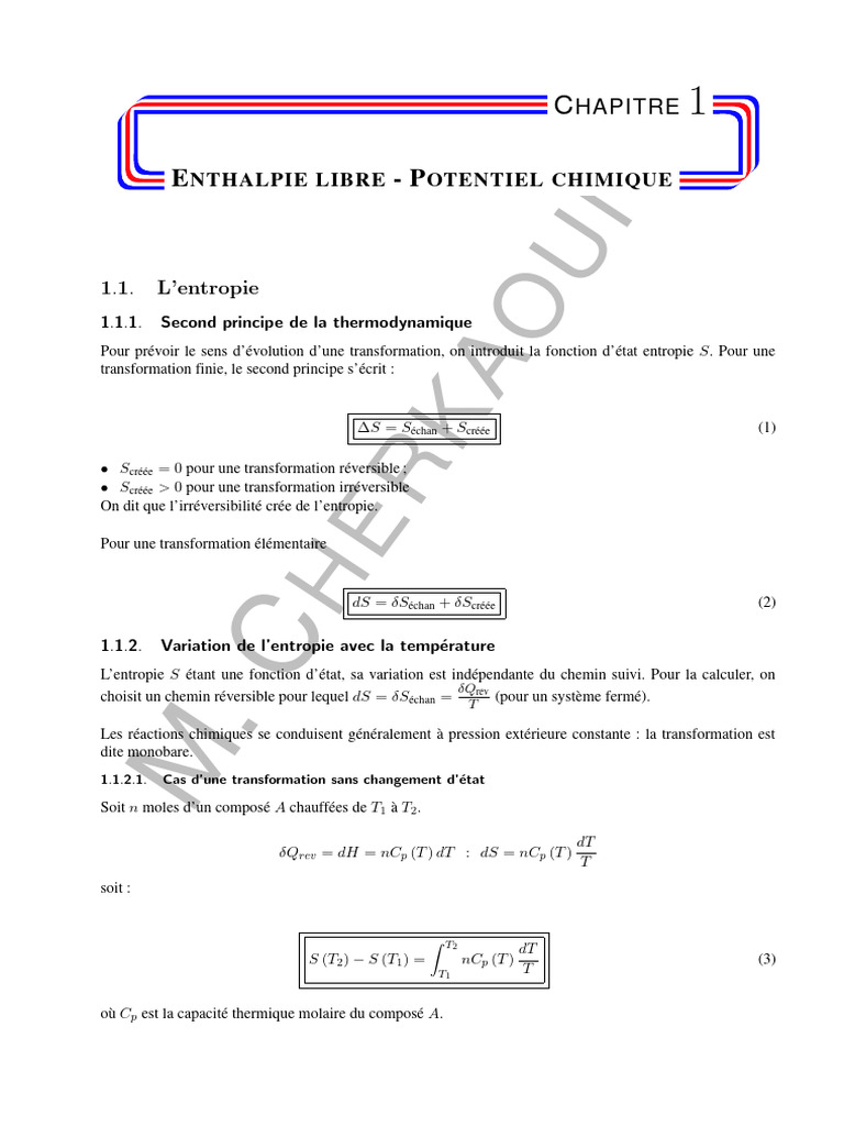 Enthalpie Libre et Potentiel Chimique | PDF | Entropie | Deuxième ...
