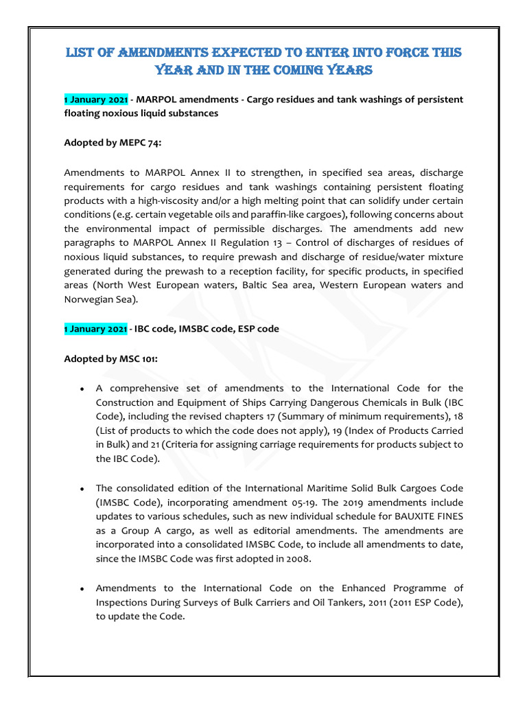 2.1 List of Amendments Expected To Enter Into Force This Year and in ...