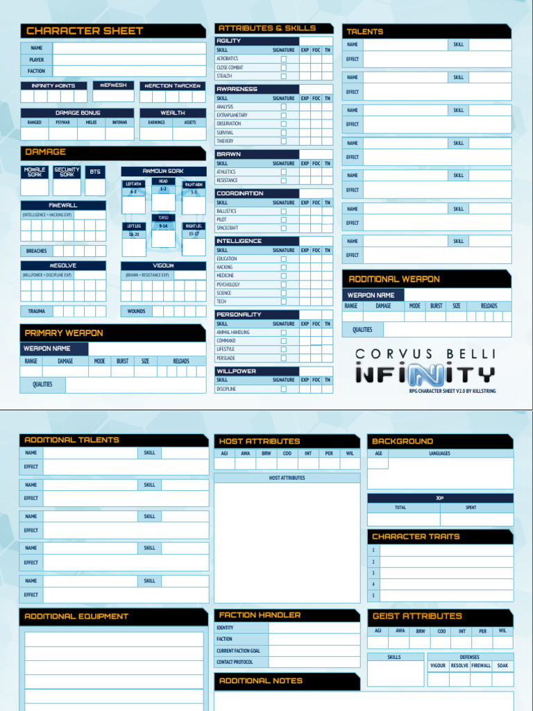 Infinity - Character Sheet v2 - Killstring | PDF | Role Playing Games