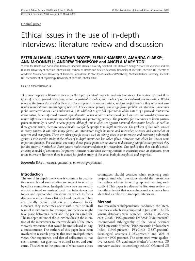Allmark Et Al 2009 Ethical Issues in The Use of in Depth Interviews ...