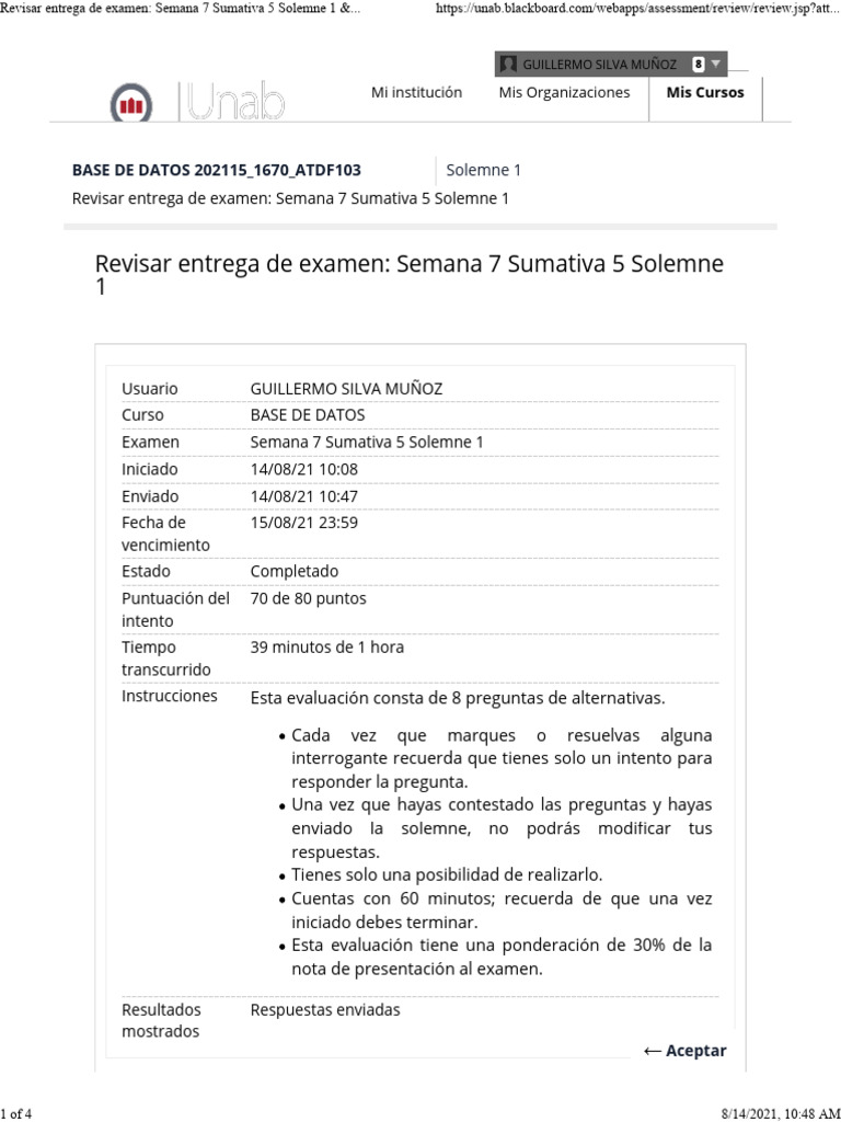 Revisar Entrega de Examen Semana 7 Sumativa 5 Solemne 1 &... | PDF