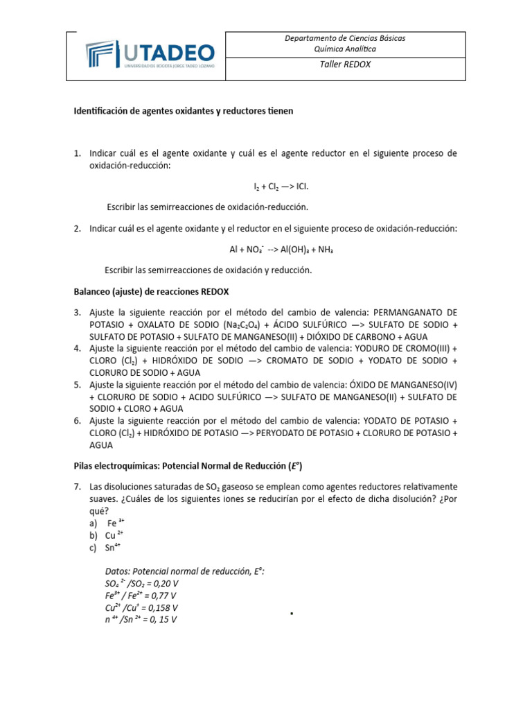 Taller 6 - Redox | PDF | Redox | Química