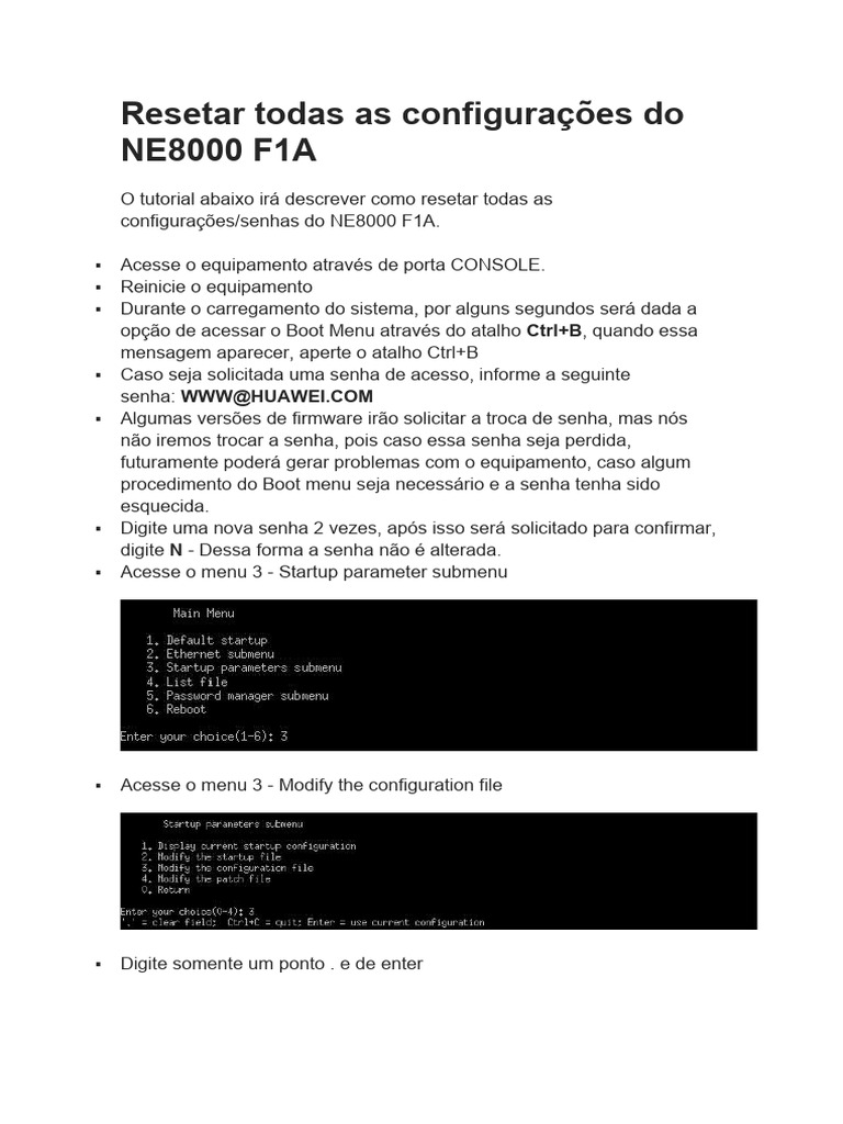 Resetando Configurações do NE8000 F1A | PDF