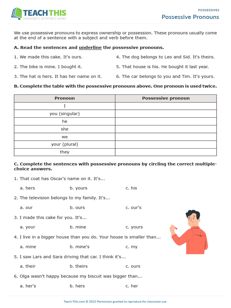 Possessive Pronouns Worksheet | PDF | Pronoun | Syntactic Relationships