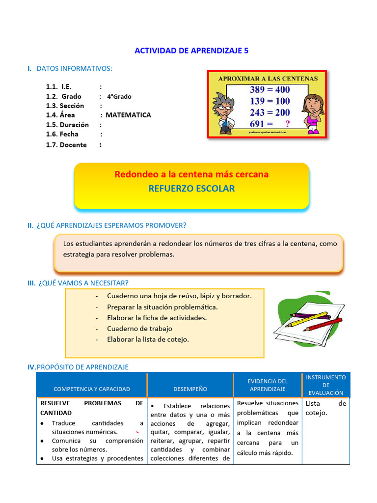 D5 A1 SESION MAT. Redondeo A La Centena Más Cercana | PDF | Evaluación | Cognición