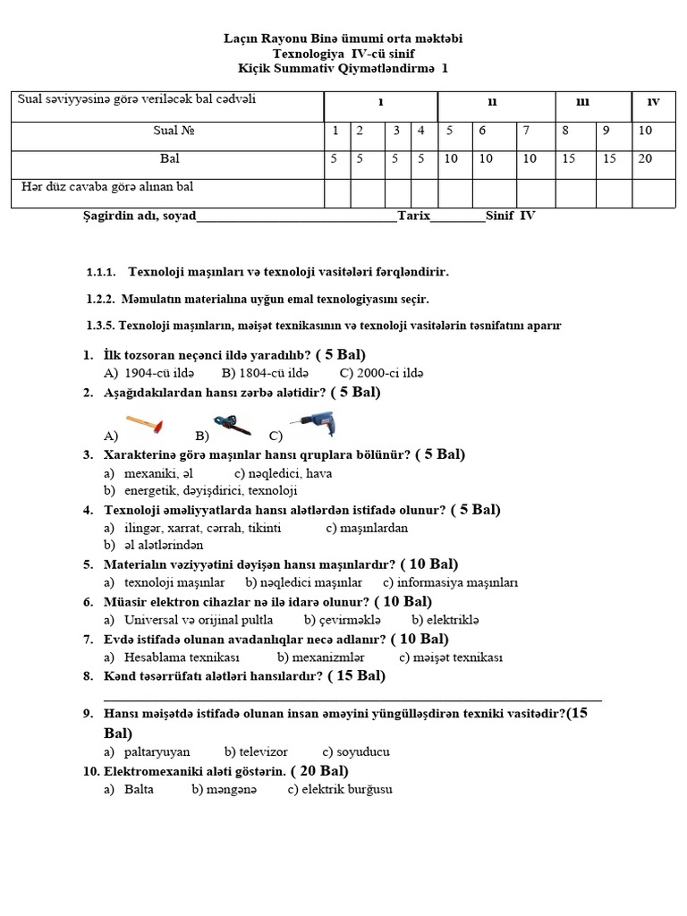 Texnologiya 4 Sinif KSQ 1 (Mütəllim Behbudov) | PDF