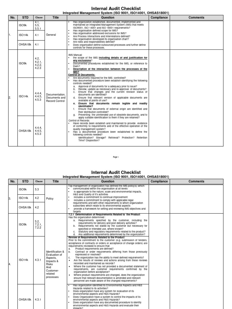 IMS - Internal Audit Checklist | PDF | Verification And Validation | Audit IMS - Internal Audit Checklist | PDF | Verification And Validation | Audit
