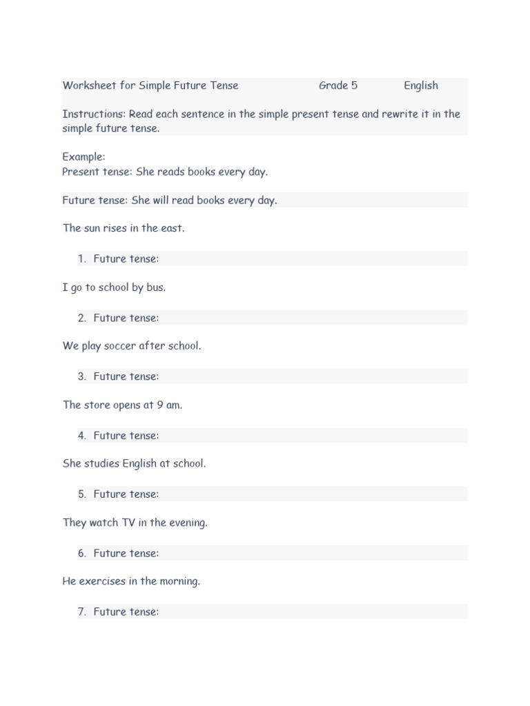 Grade 5 Simple Future Tense Worksheet | PDF | Art