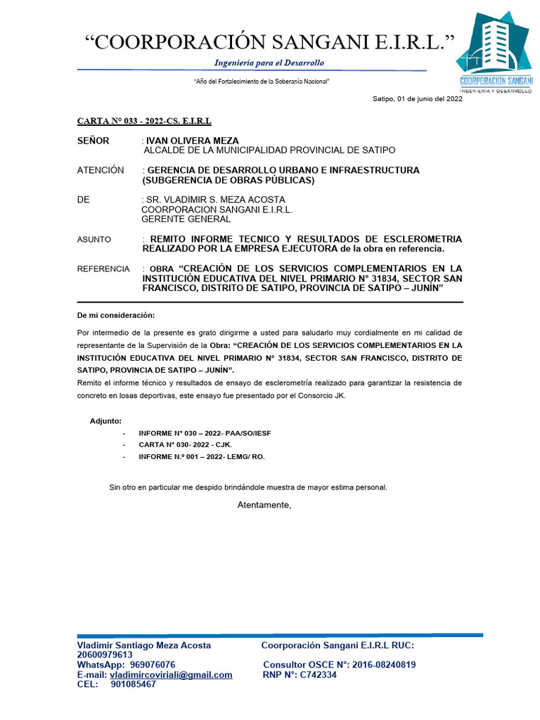 CARTA 033 REMITO INFORME TECNICO SAN FRANCISCO | PDF