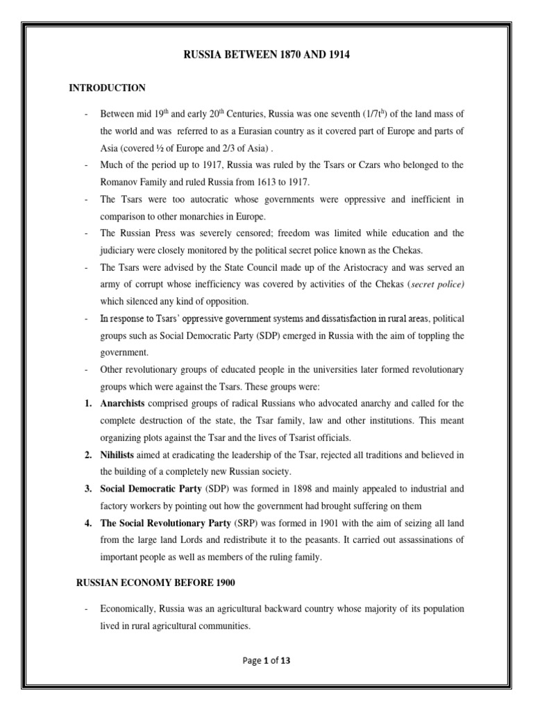 Russian History: 1870-1914 Overview | PDF | Vladimir Lenin | Russian ...