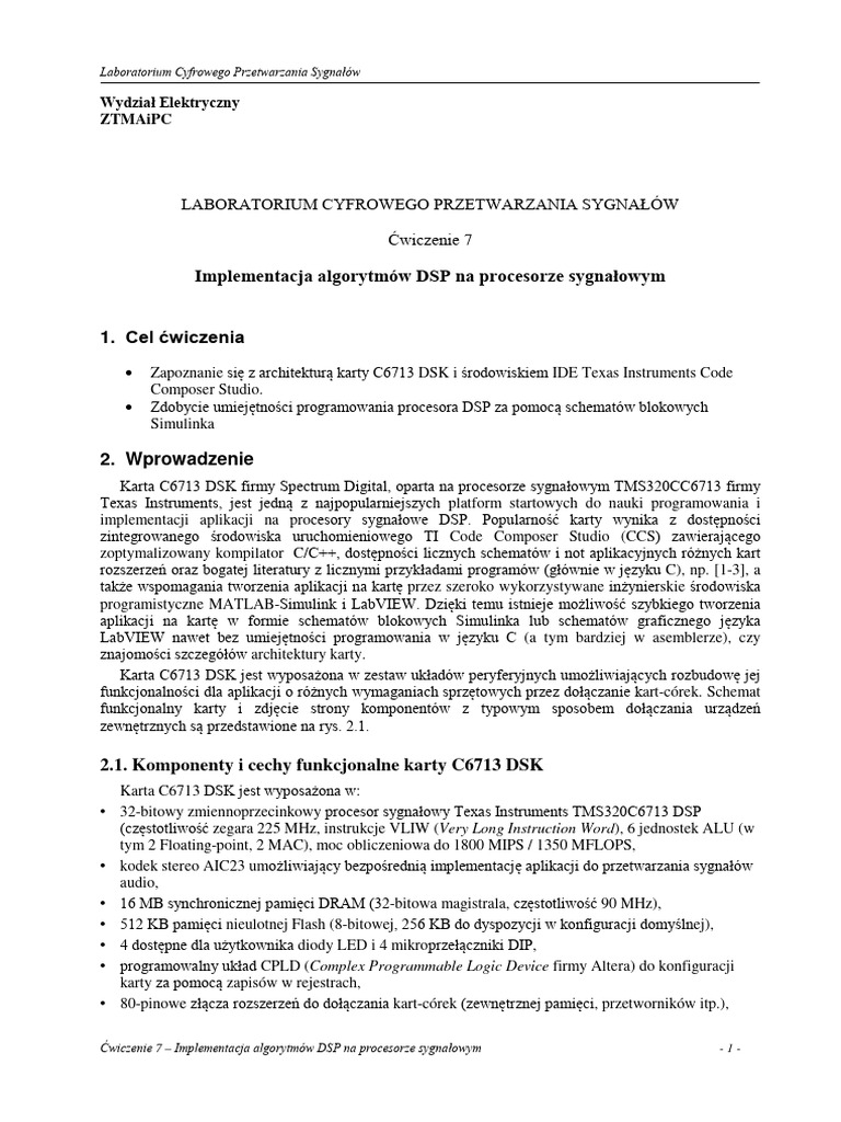 Cw.7 Implementacja Algorytmow DSP Na Procesorze Sygnalowym | PDF