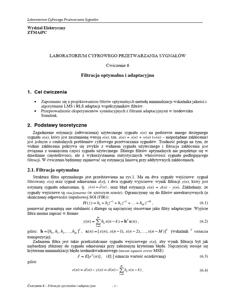 Cw.6 Filtracja Optymalna I Adaptacyjna | PDF