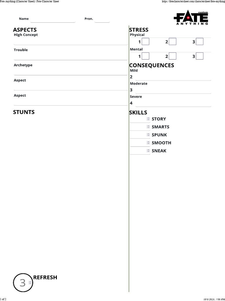 Fate Anything Character Sheet Fate Character Sheet | PDF