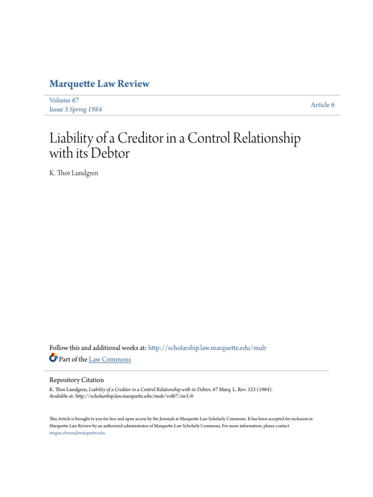 Liability of A Creditor in A Control Relationship With Its Debtor | PDF ...