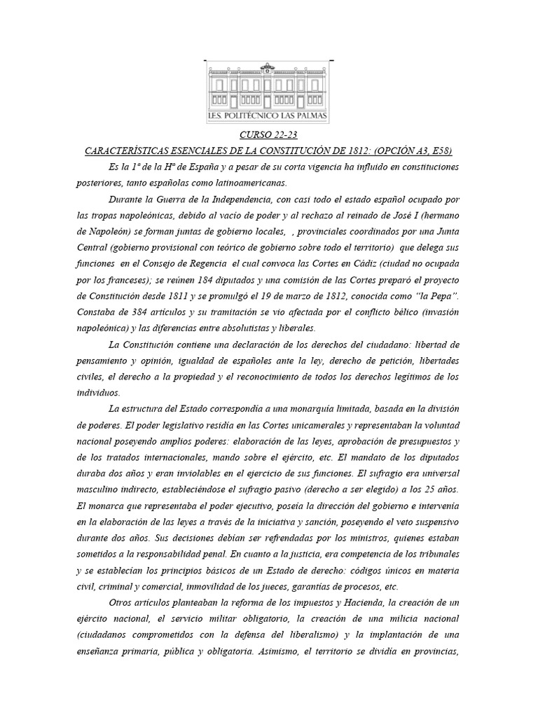 Características Esenciales Constitución de 1.812 | PDF | Gobierno | Ciencias Políticas