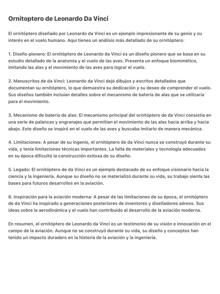 Ornitoptero de Leonardo Da Vinci | PDF