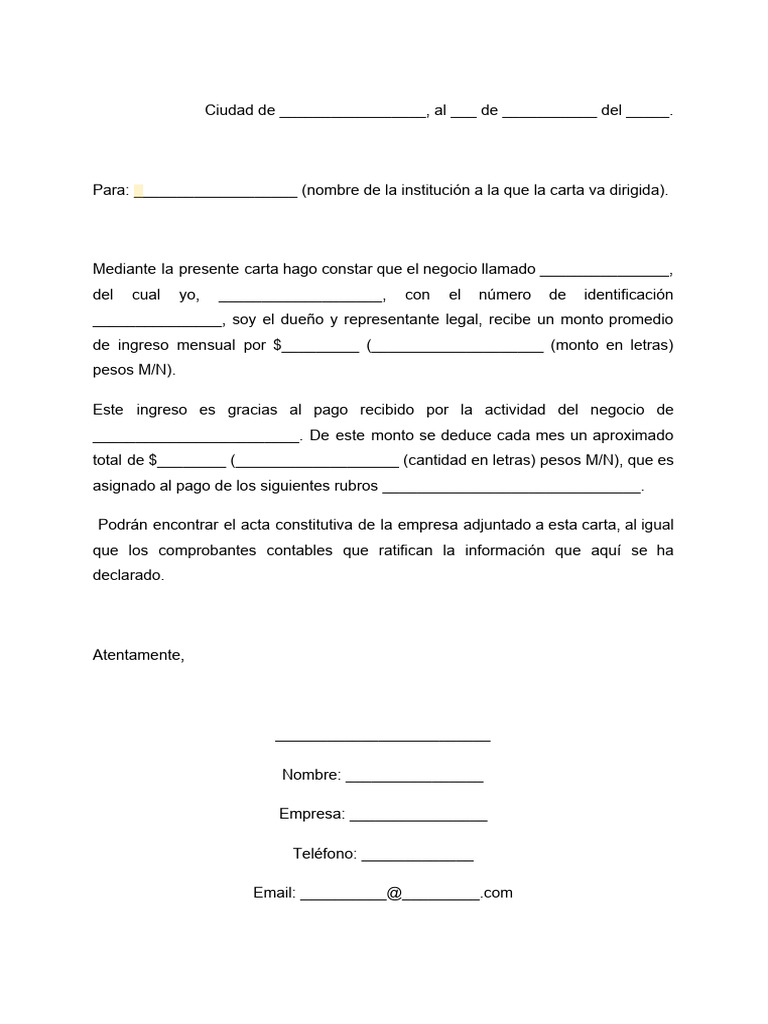 Carta de Ingresos para Un Negocio Propio | PDF