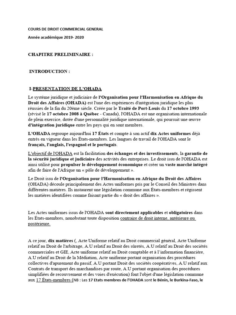 Droit Commercial Général OHADA 2020 | PDF | Effet de commerce | Compétence
