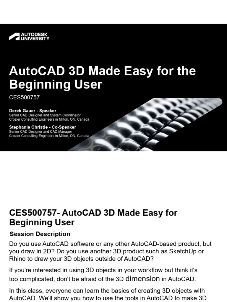 Class Presentation CES500757 AutoCAD 3D Made Easy For The Beginning User | PDF | 3 D Computer ...