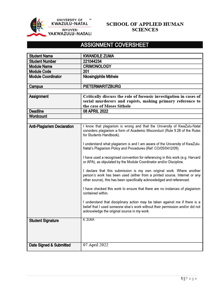 Zuma Kwandile Criminology 201 Assignment | PDF | Serial Killer | Offender Profiling