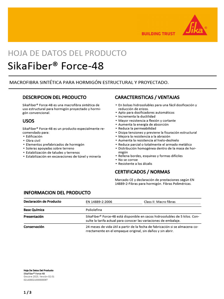 Sikafiber Force 48 | PDF | Hormigón | Materiales