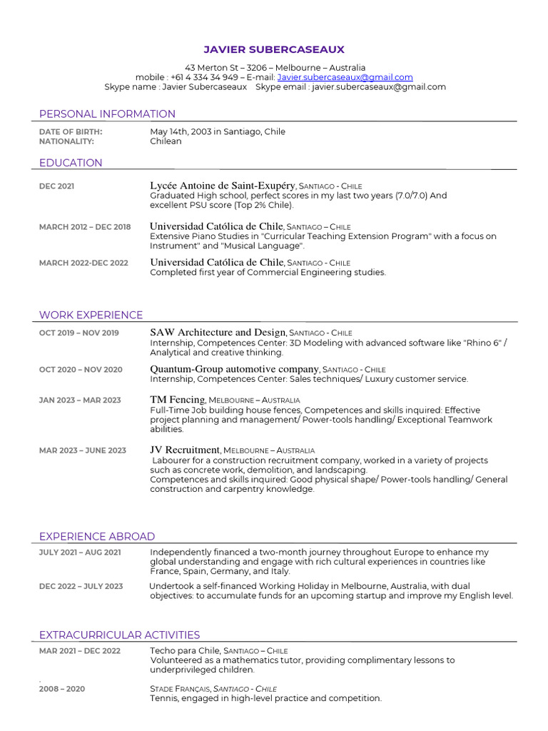 CV Template BSC ESCP Business School - Javier Subercaseaux Def | PDF ...