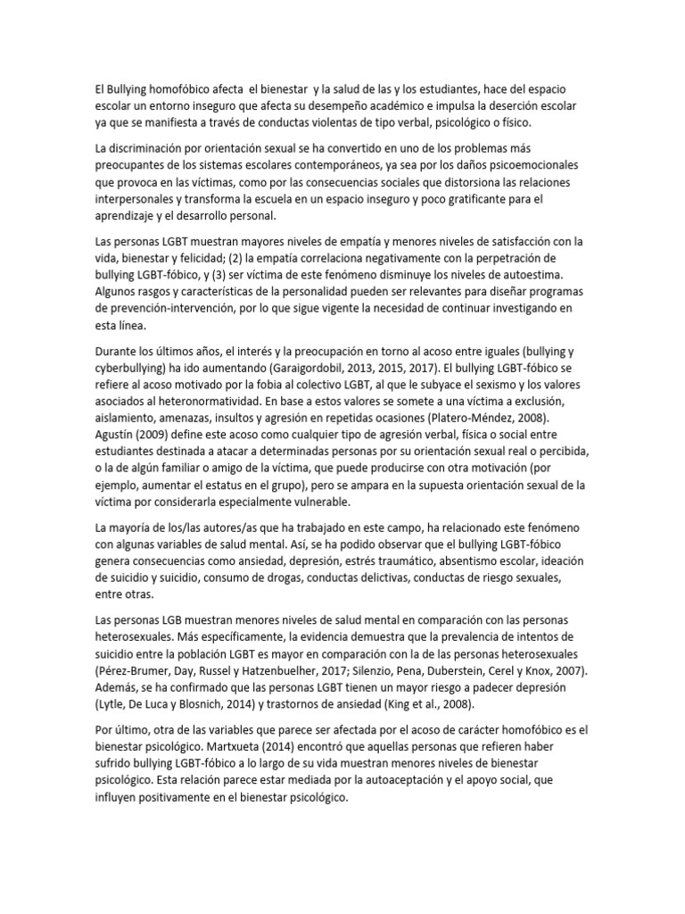 El Bullying Homofóbico | PDF | Conceptos psicologicos | Psicología Social
