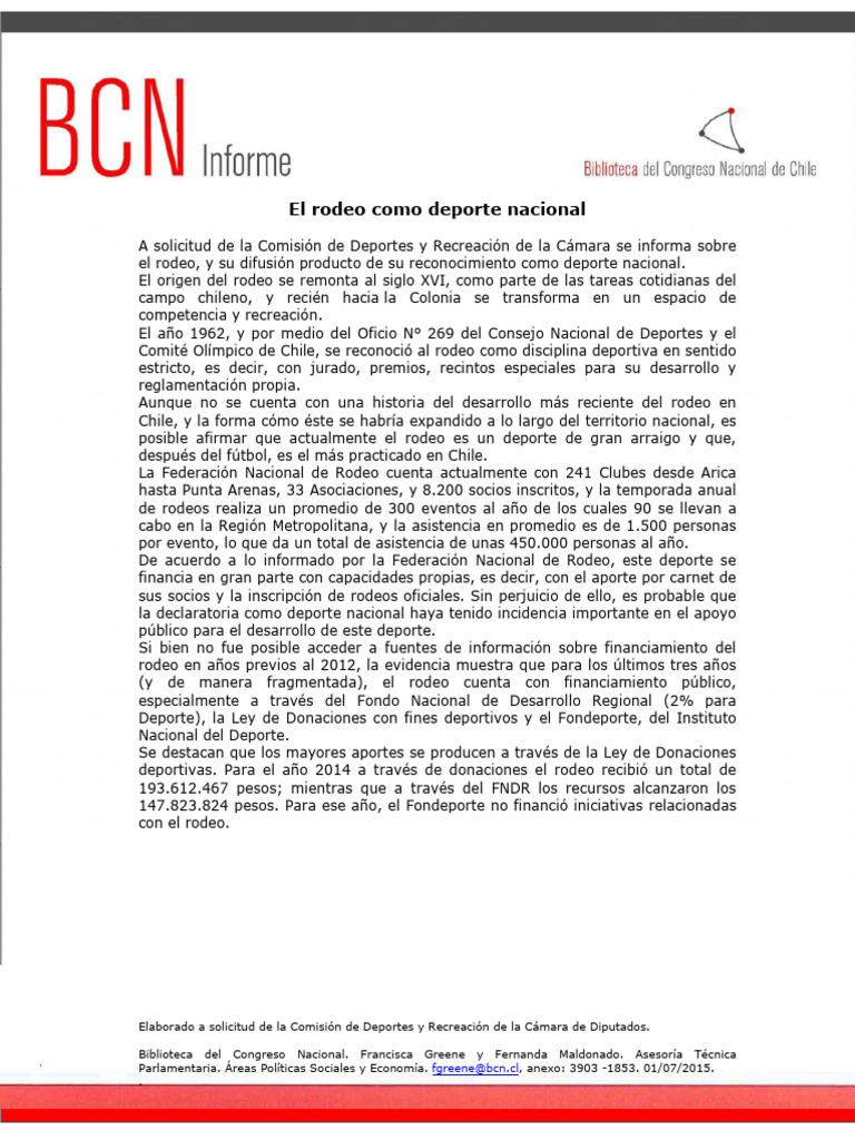 BCN Informe Rodeo Deporte Nacional Final | PDF | Chile | Rodeo