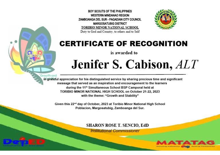 Certificate of Recognition for Jenifer S. Cabison | PDF