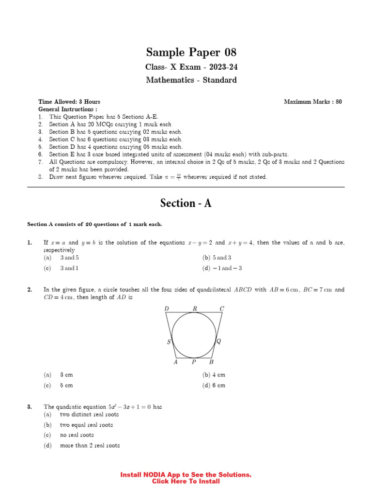 MA Sample Paper 8 Unsolved-1 | PDF | Area | Circle