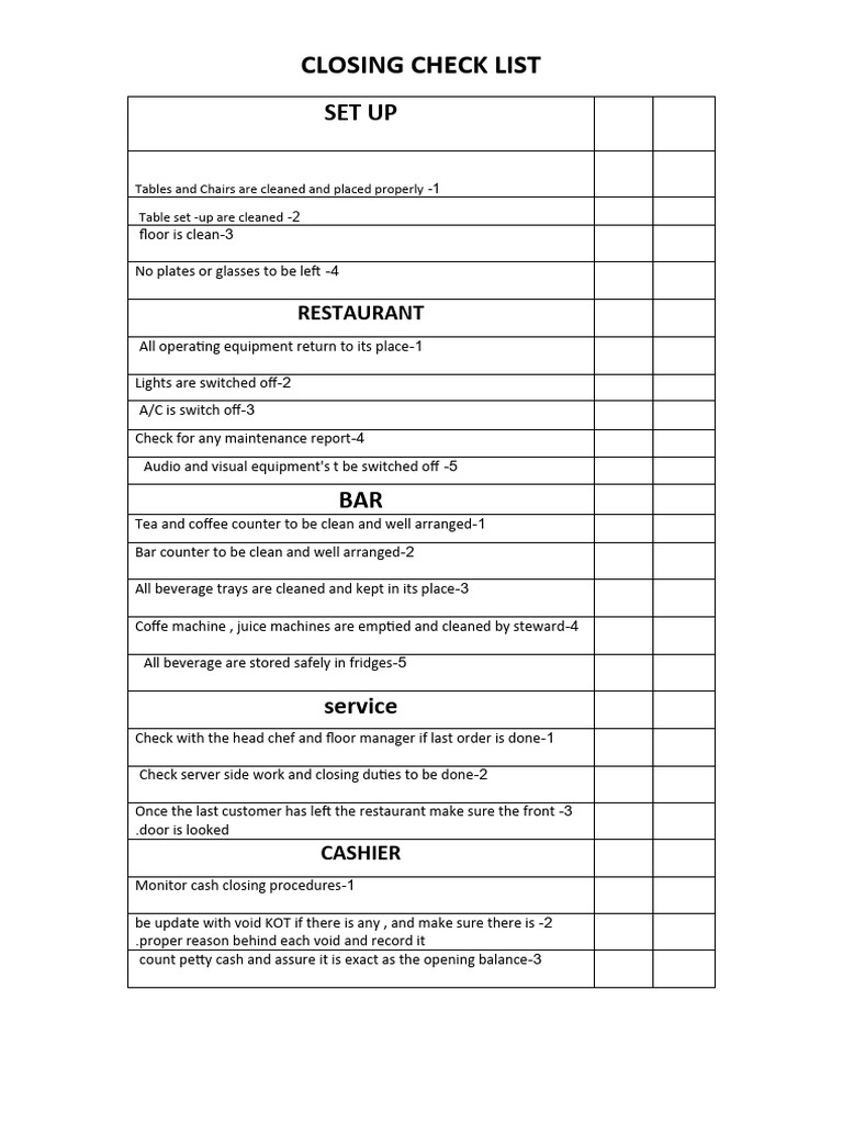 Closing Check List 1 | PDF | Cooking, Food & Wine