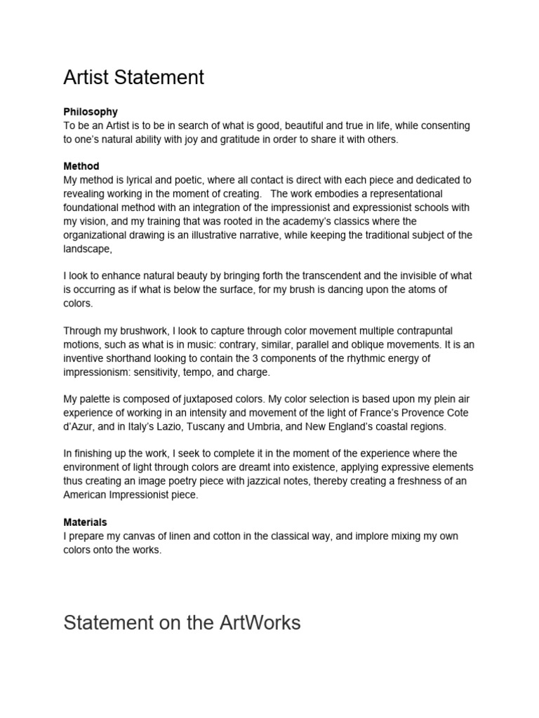 Dmitri Wright Artist Statement(s) | PDF | Impressionism | Paintings