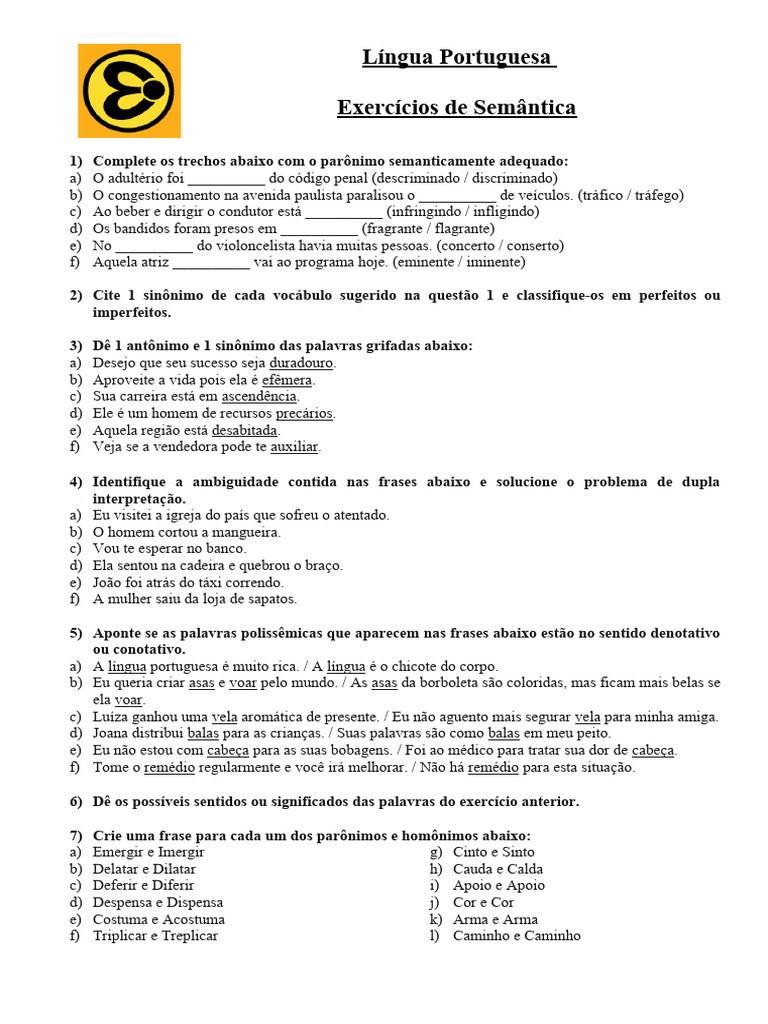SEMÂNTICA - Exercícios | PDF
