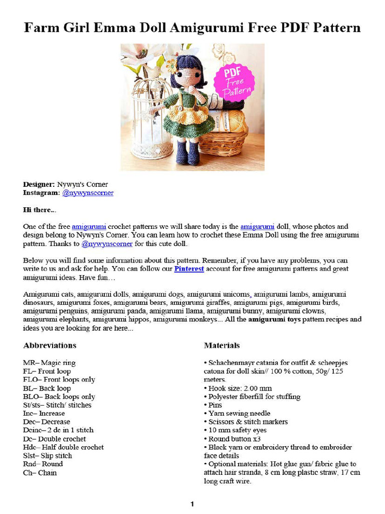 Farm Girl Emma Doll Amigurumi Free PDF Pattern | PDF