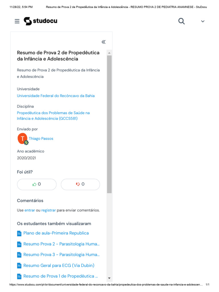 Resumo de Prova 2 de Propedêutica Da Infância e Adolescência - RESUMO PROVA 2 de PEDIATRIA ...