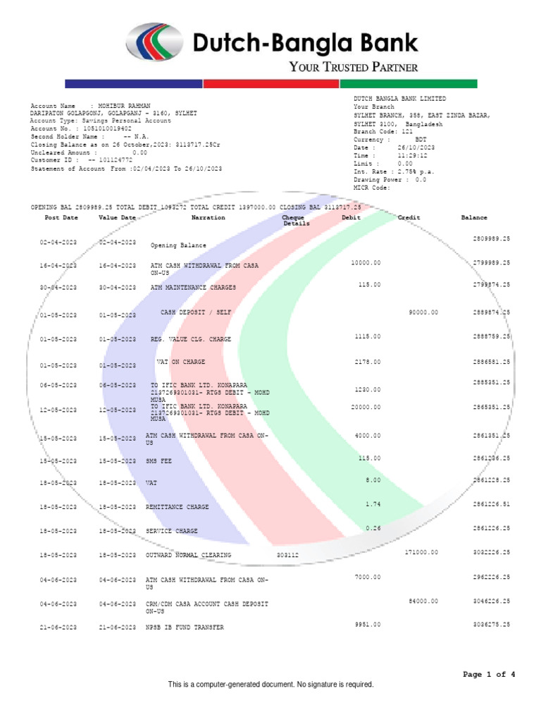 Mohibur Rahman Bank Savings New 4page | PDF | Debit Card | Cheque