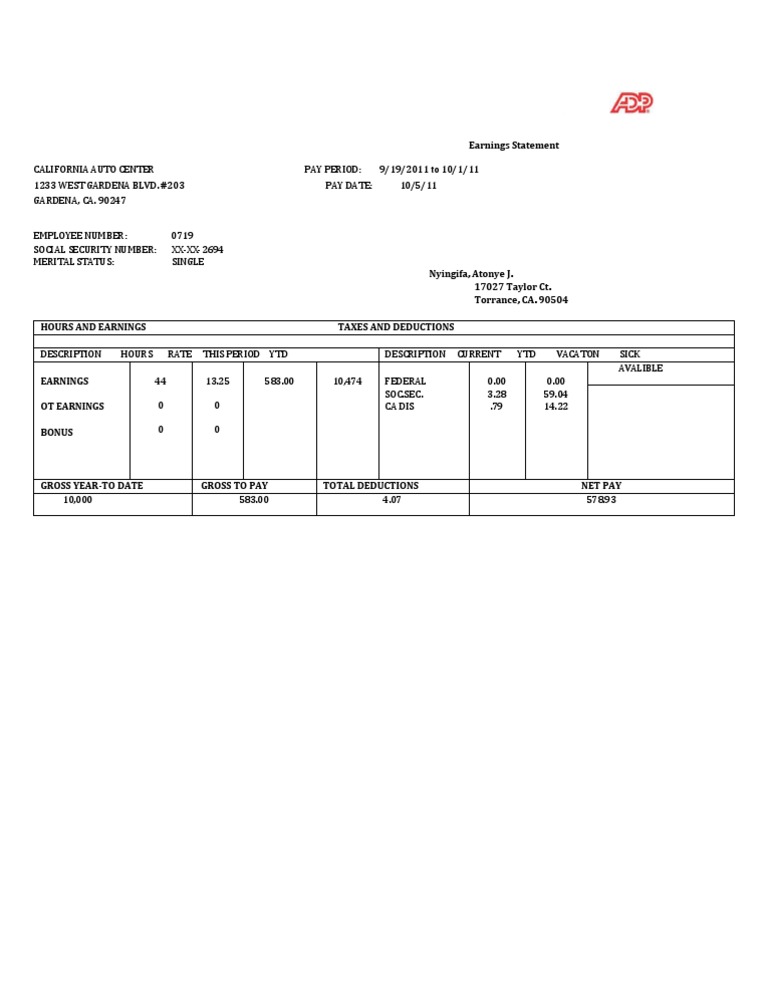 Earnings Statement PAY STUB | PDF