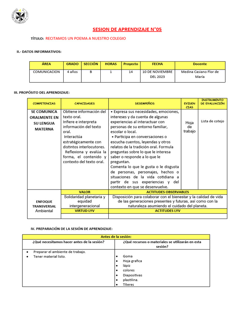 Sesion de Aprendizaje 05 | PDF | Aprendizaje | Evaluación