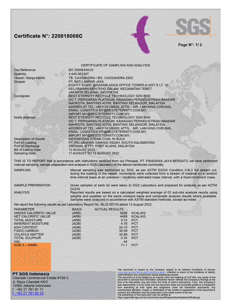 COA - Ecertificate - 220818068C-1 | PDF