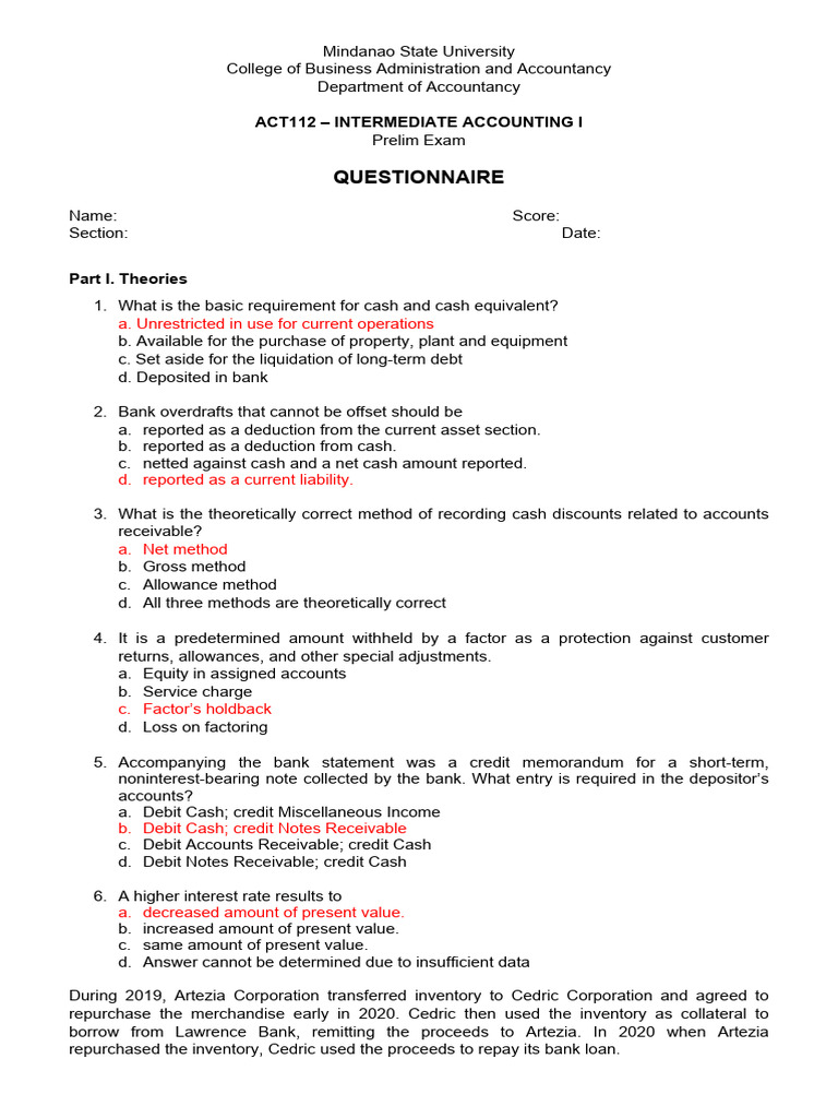 Questionnaire: Act112 - Intermediate Accounting I | PDF | Debits And ...
