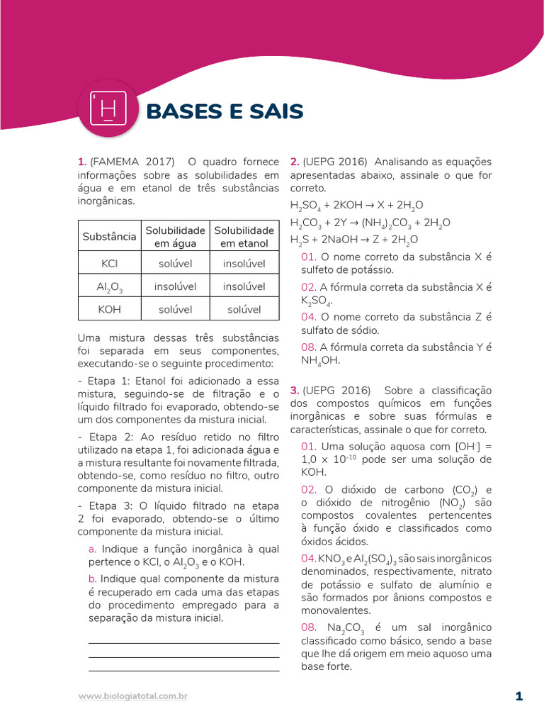 A Bases E Sais Exercícios Aprofundados Pdf Sal Química